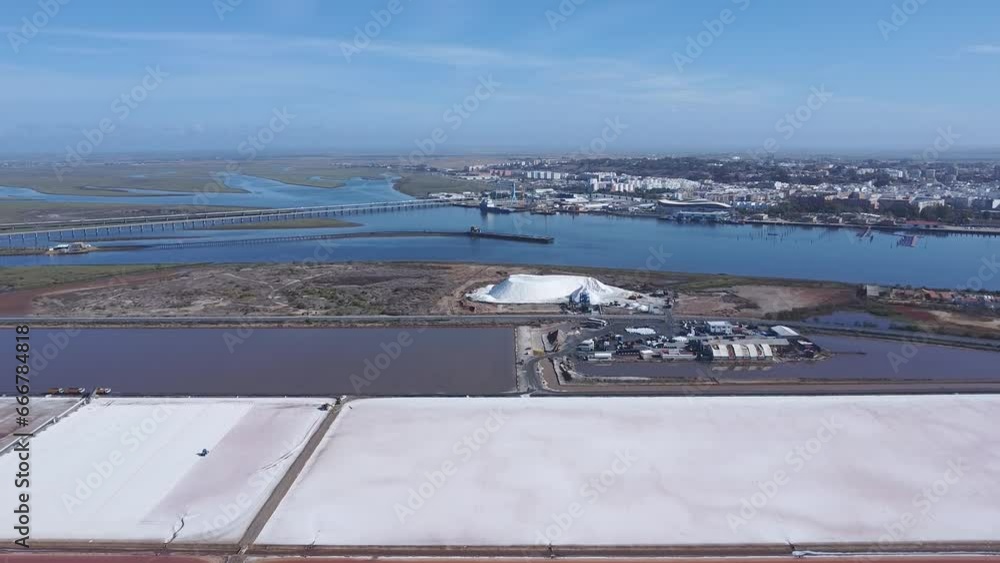 Aerial drone view of salt collection in the evaporators of sea salt in ...