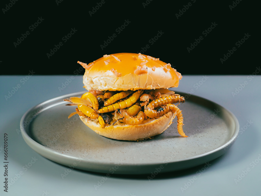 Hamburger on a plate with bugs or worms as protein replacement source ...