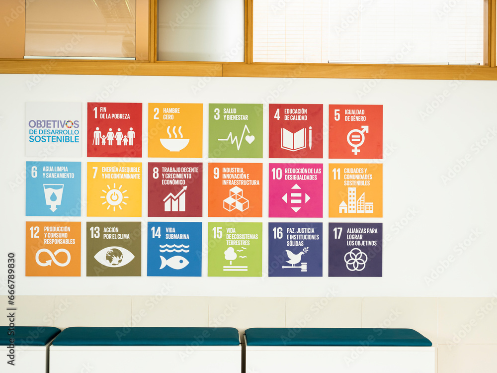 Icons of the Sustainable Development Goals on the wall of a classroom ...