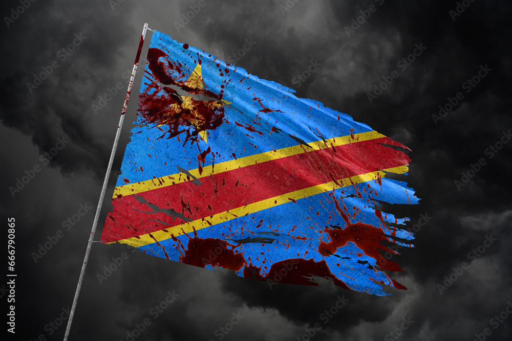 Dr Congo torn flag on dark sky background with blood stains. Stock ...