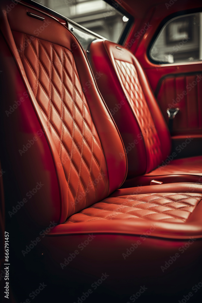 Rear seats of a vintage car in elegance with red upholstery. Seats in a ...