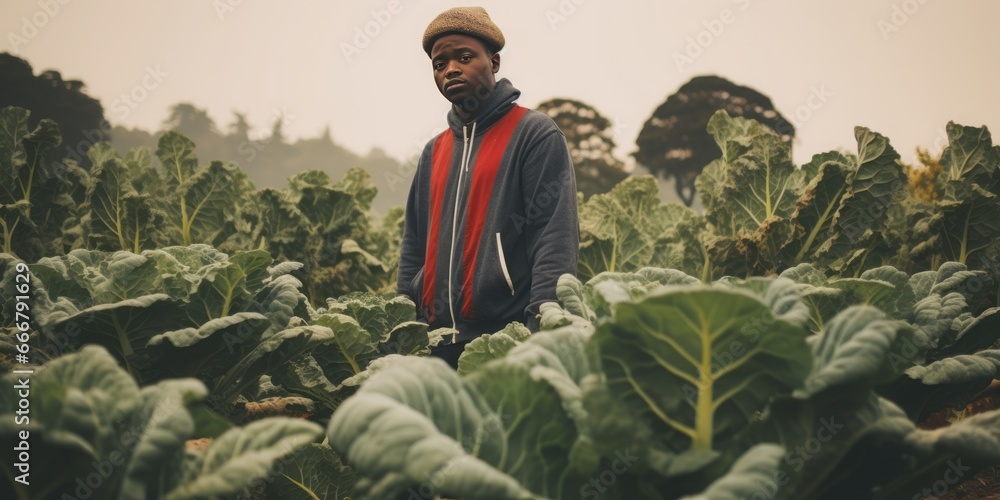 Poor African Individual Stands in a Field Amidst Cabbage Plants ...