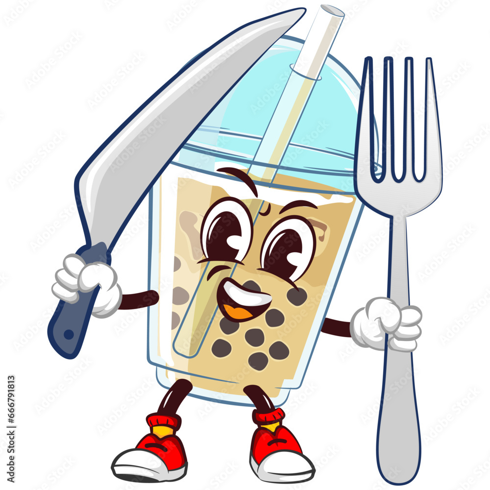 character mascot of a glass of iced boba with a cute face excitedly ...