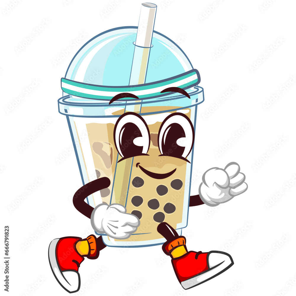 character mascot of a glass of iced boba with a funny face jogging ...