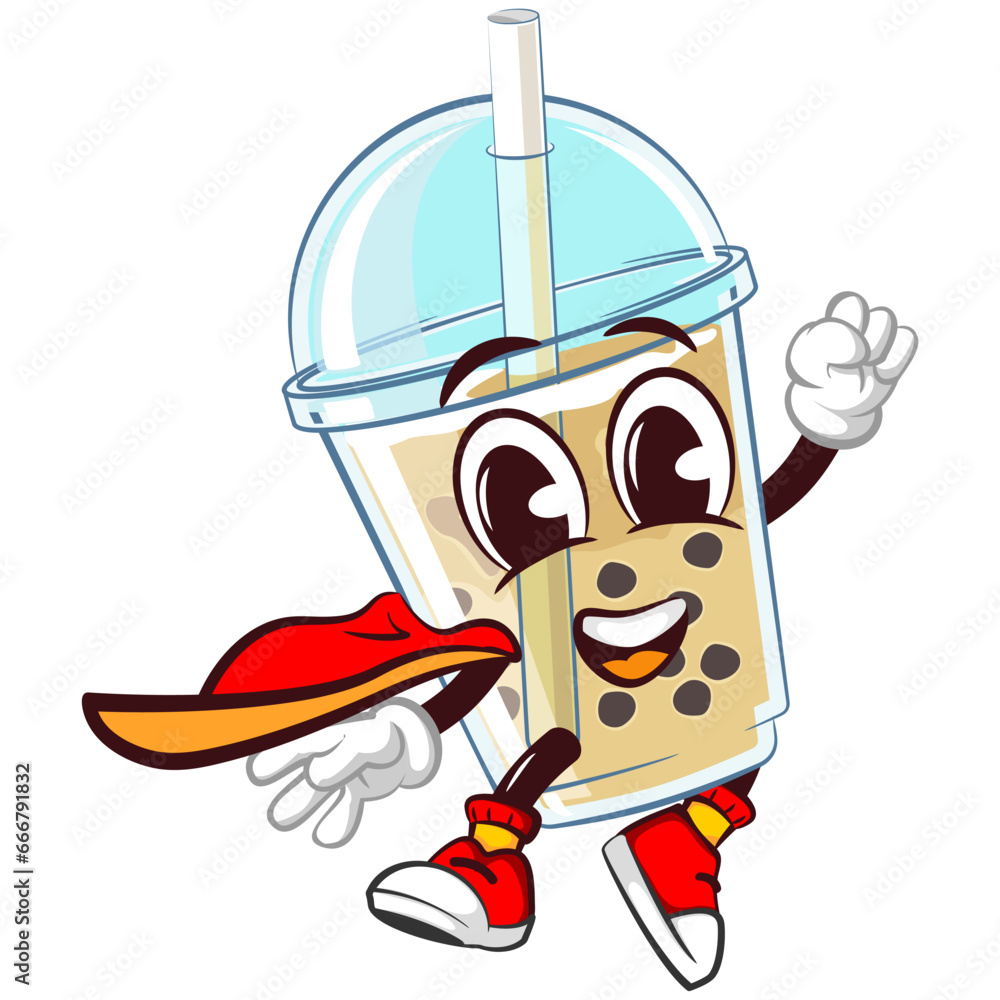character mascot of a glass of boba ice with a funny face of a flying ...