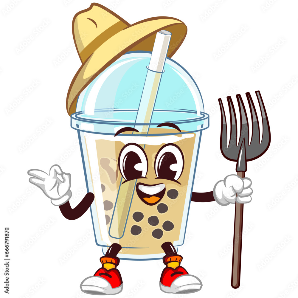 mascot character of a glass of iced boba with a funny face in a farmer ...