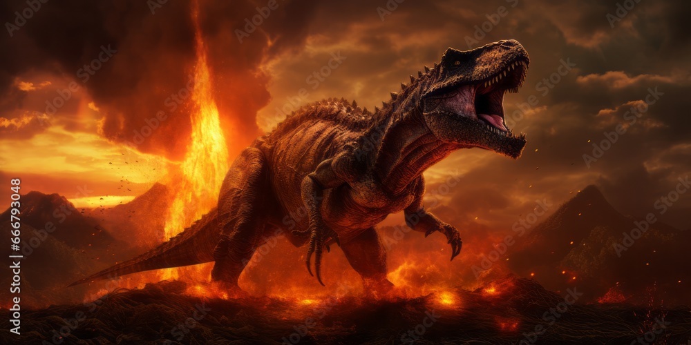 T-Rex Stands in the Midst of Fire and Volcanic Eruption, Symbolizing ...