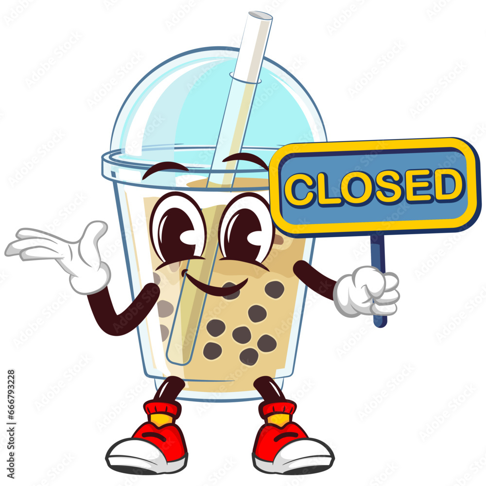 character mascot of a glass of iced boba with a funny face holding up a ...
