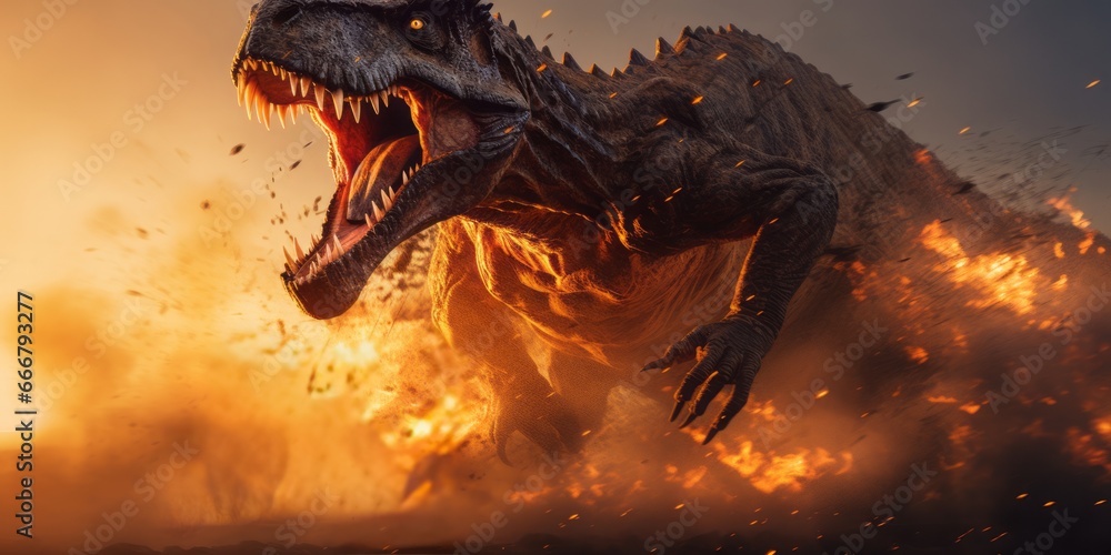 T-Rex Stands in the Midst of Fire and Volcanic Eruption, Symbolizing ...