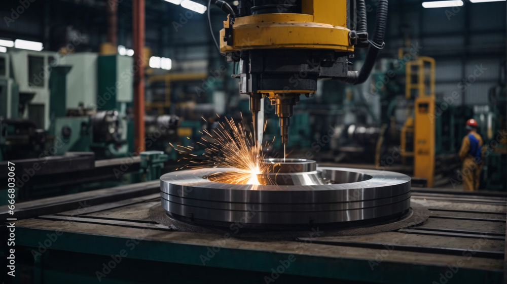 The CNC milling machine cutting the metal part with the sparking light ...