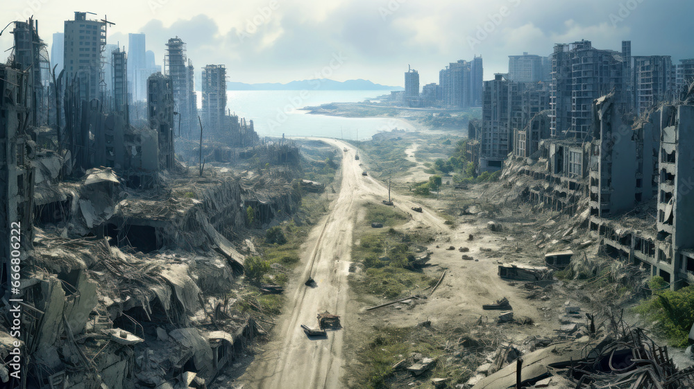 Destroyed city view after war, urban landscape of tall buildings ruins ...