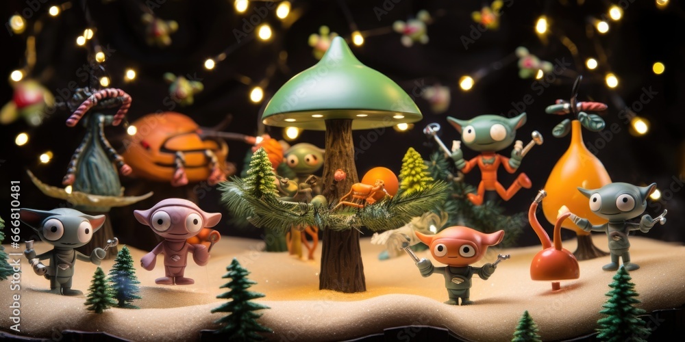 Small figurines of aliens and spaceships peeking out from between the ...