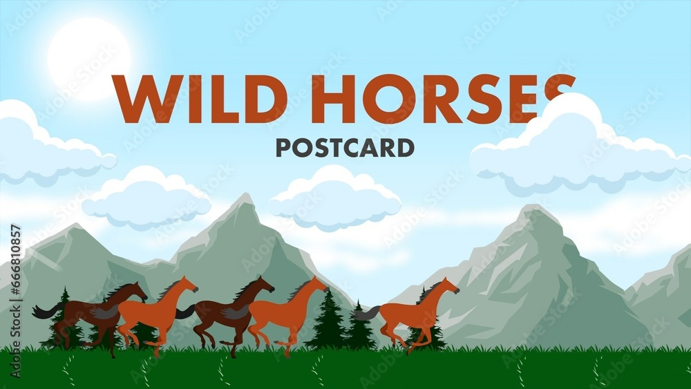 Wild Horses Running In Nature Cartoon Postcard Stock Template | Adobe Stock