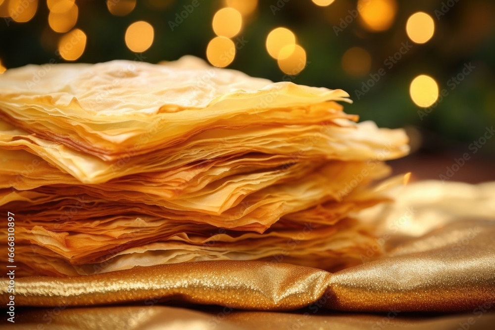 A stack of delicate, golden phyllo dough sheets, ideal for making flaky ...