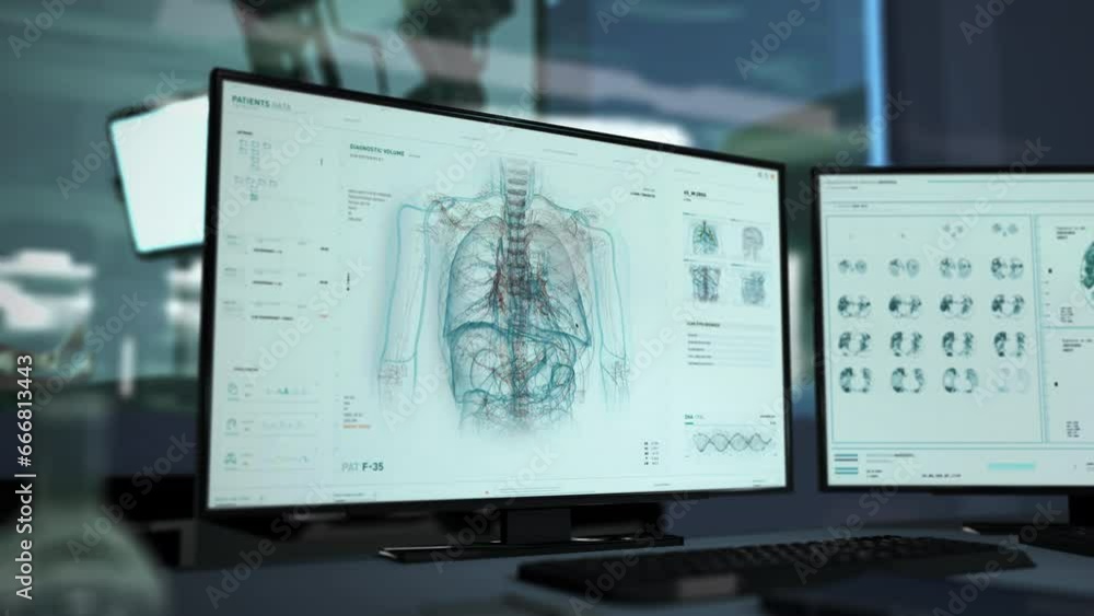 Futuristic X-ray Computer System At Hospital Researching Cancer Cells ...