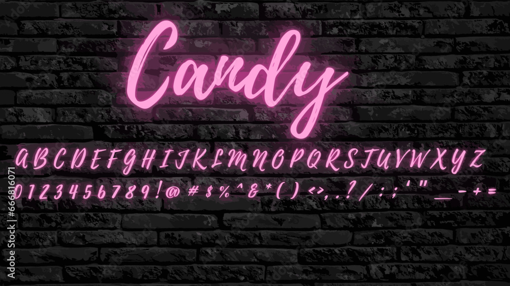 Neon Pink script font saying candy and brick background script font ...