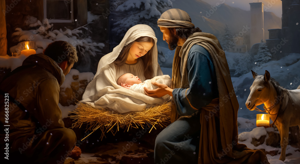 Fotografia Nativity scene with Mary, Joseph and baby Jesus, birth of ...