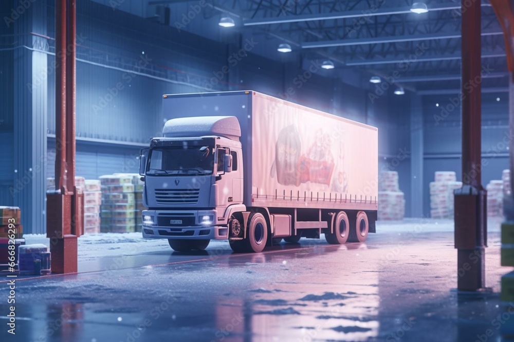 Chilled truck moving frozen food in warehouse. Storage for meals ...