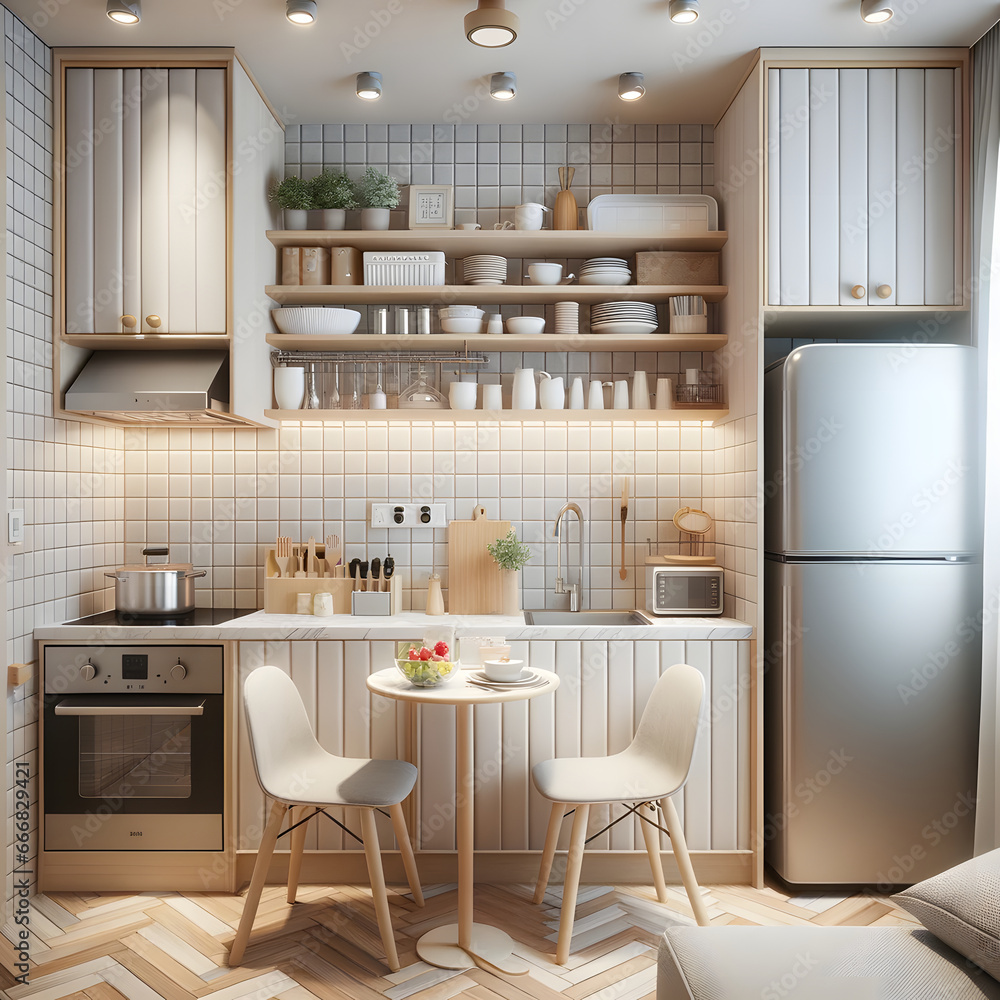 Actual photograph of a basic kitchen setup with essential appliances, a ...