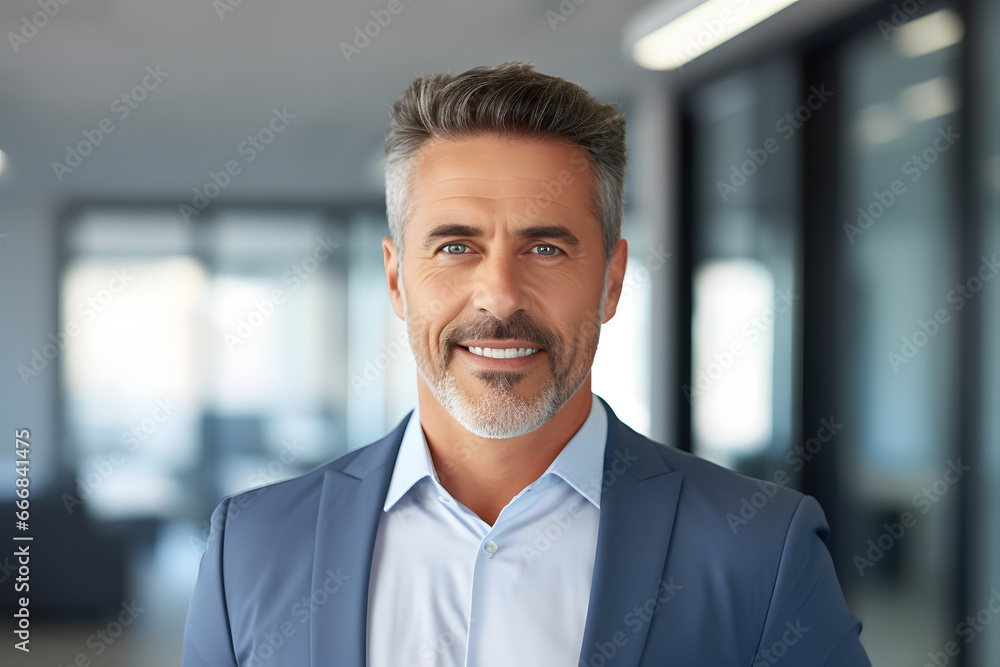 Happy mid aged older business man executive standing in office. Smiling 50 year old mature ...