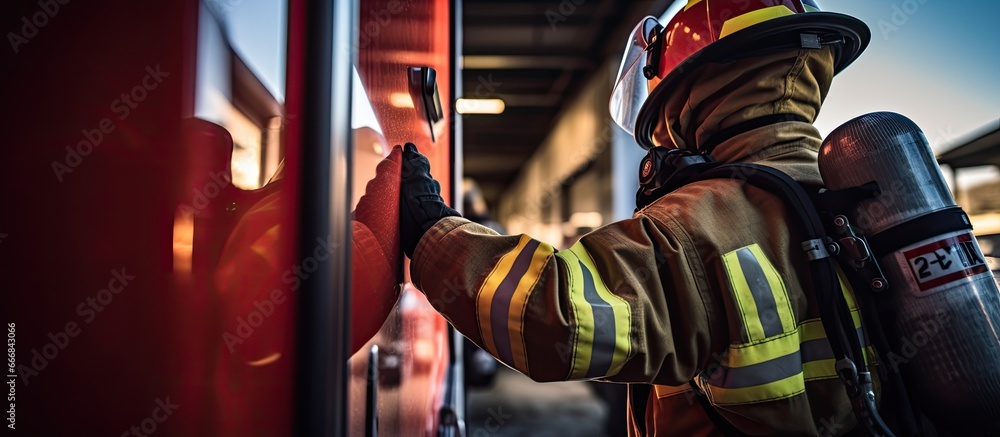 Firefighter opening door of fire truck outdoors unrecognizable person ...