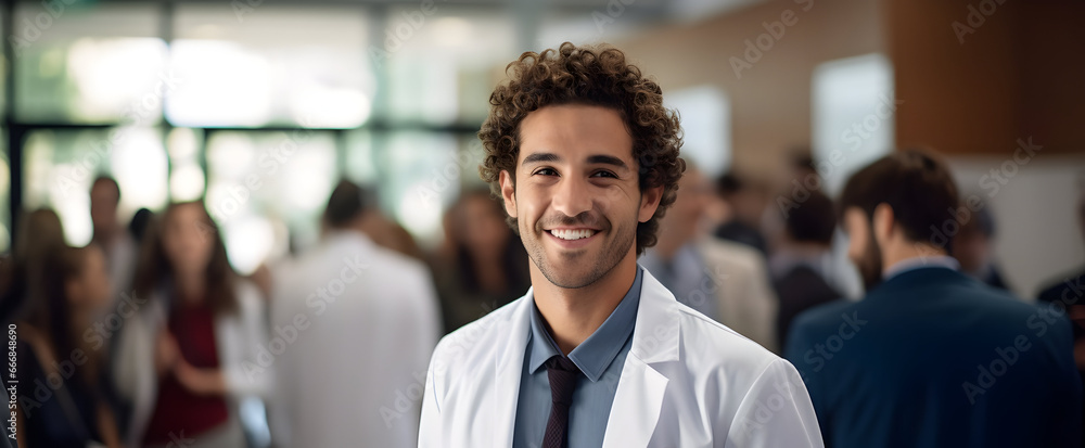 Close-up face of a young happy graduated Doctor or Pharmacist. A proud ...