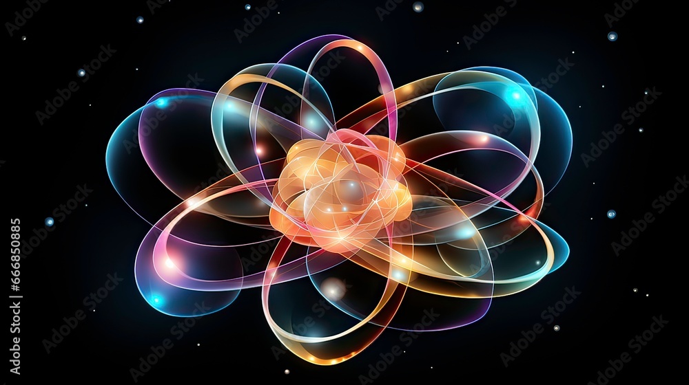 Detailed visualization of an atom structure with swirling electrons ...