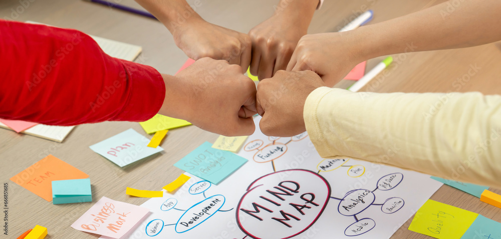 Fotografia do Stock: Young happy creative startup group join circle ...