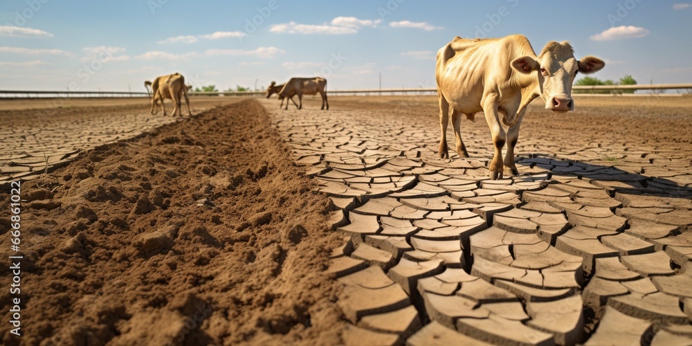 Livestock and Climate change, Thin cows walking on dry cracked earth ...