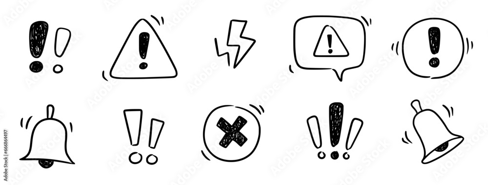 Doodle exclamation mark, alert danger sign set. Scribble hand drawn ...