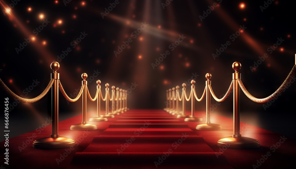 Realistic red carpet and pedestal with illumination and barrier fences ...