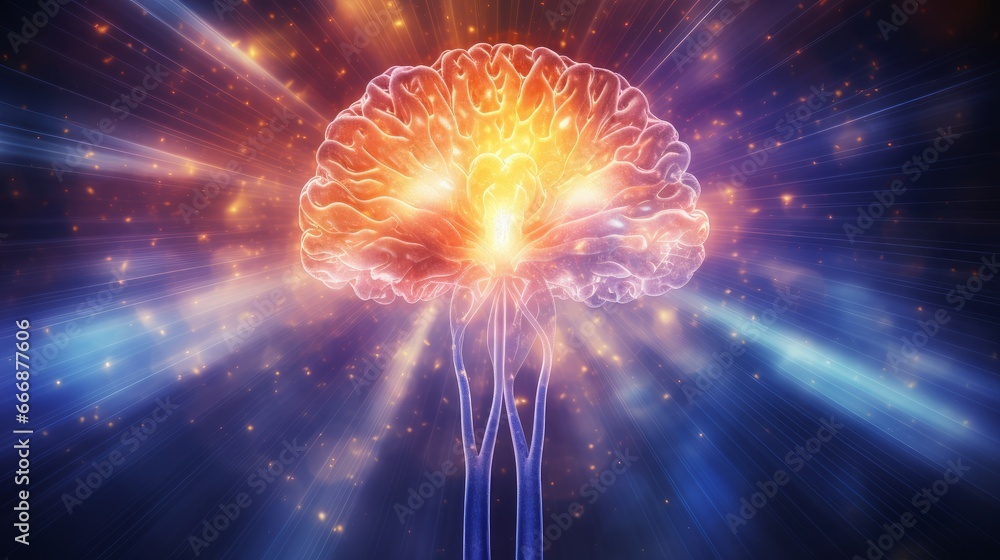 Abstract image of light rays emanating from a brain, depicting mental ...