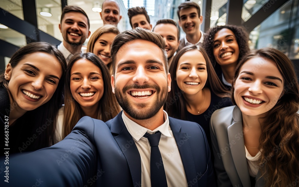 Self photo of cheerful positive nice company showing you v-sign thumb ...