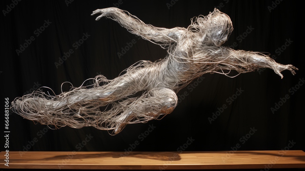 Wire sculpture of a human figure in a dynamic pose, capturing movement ...