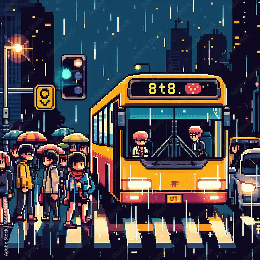 Bangkok city 8 bit concept with rainy day day and many traffic jam at ...