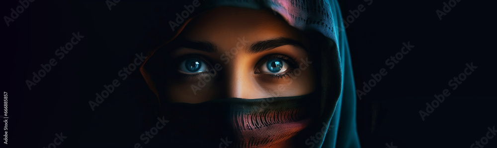 Horizontal banner. Close-up female portrait. Muslim tanned woman with ...