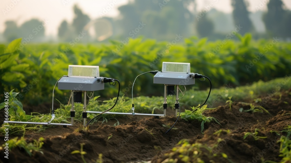 A smart irrigation system with sensors in the field and a control panel. Smart irrigation ...