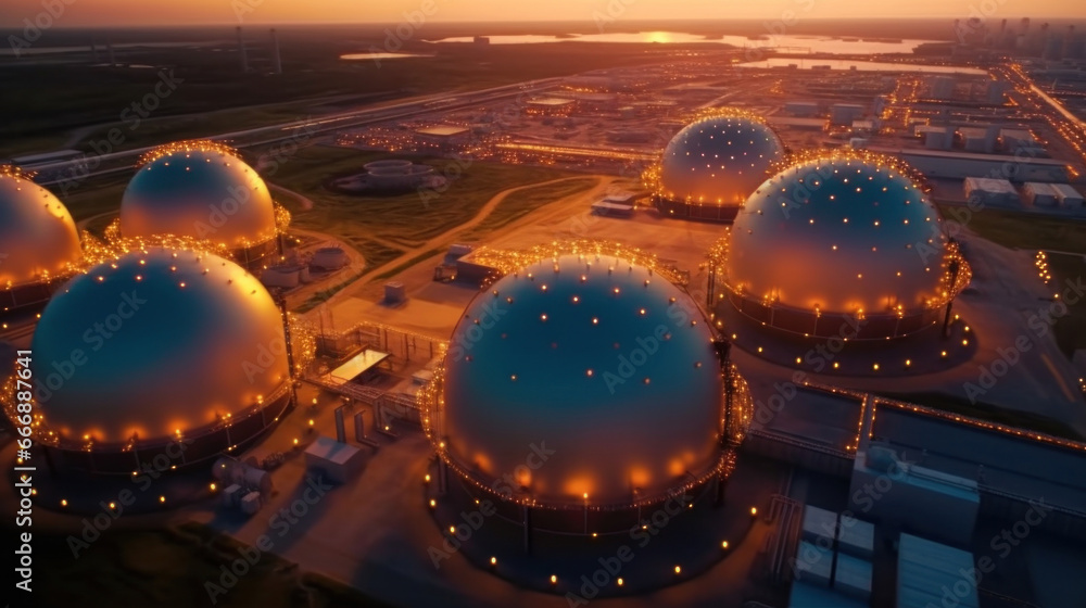 Aerial view of Hydrogen gas storage tanks, Spherical storage for ...