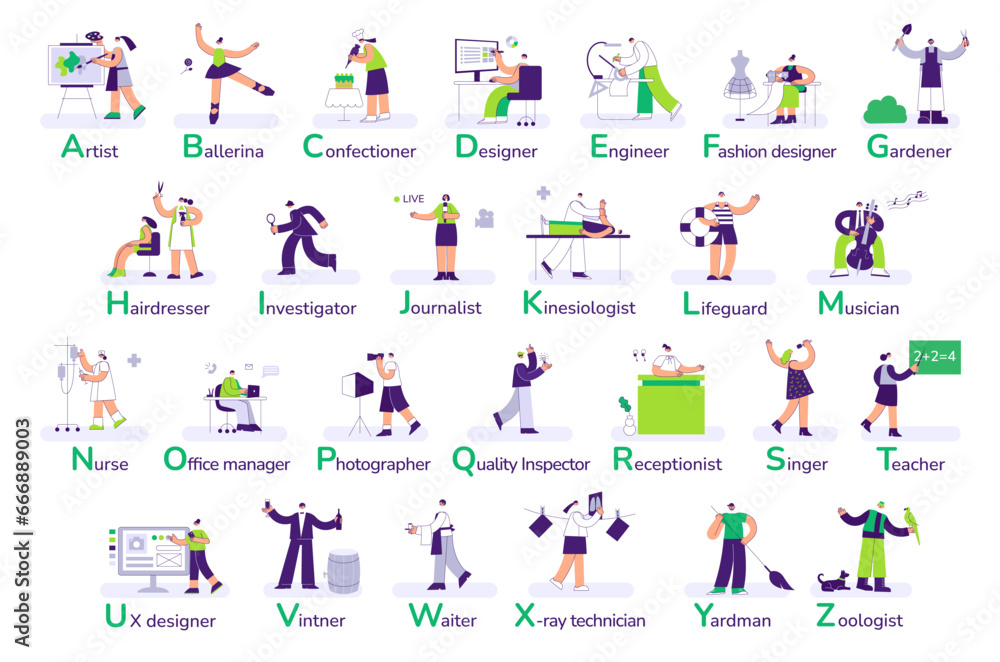 Professions alphabet. Job market, select a profession from list with ...