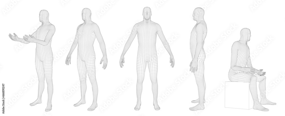 Wireframe human body. Polygonal 3D mesh male character, man dummy ...
