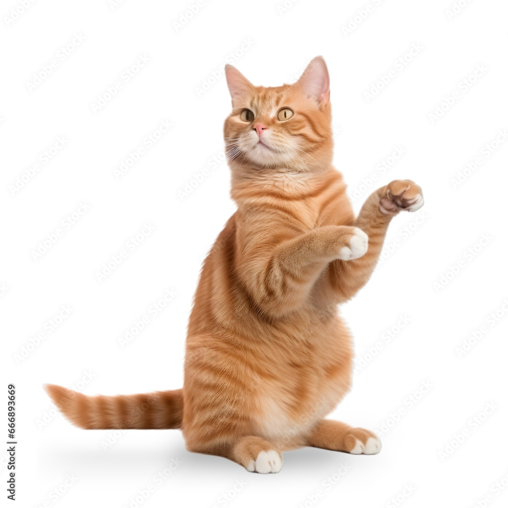 front view, a cute orange ginger cat sits on the ground, raising both ...