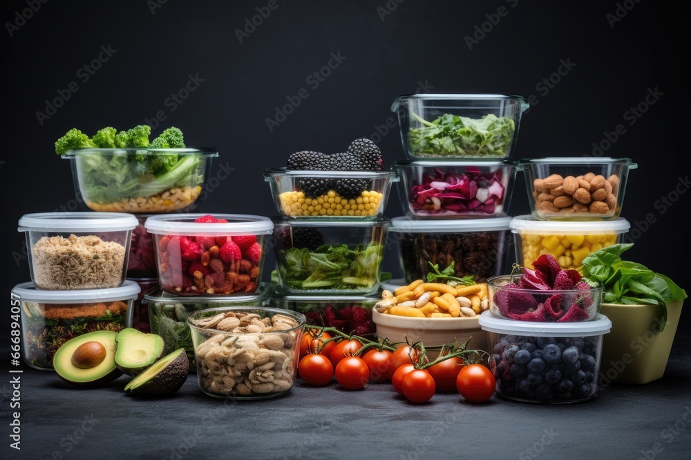 Healthy food selection in plastic containers on black background ...