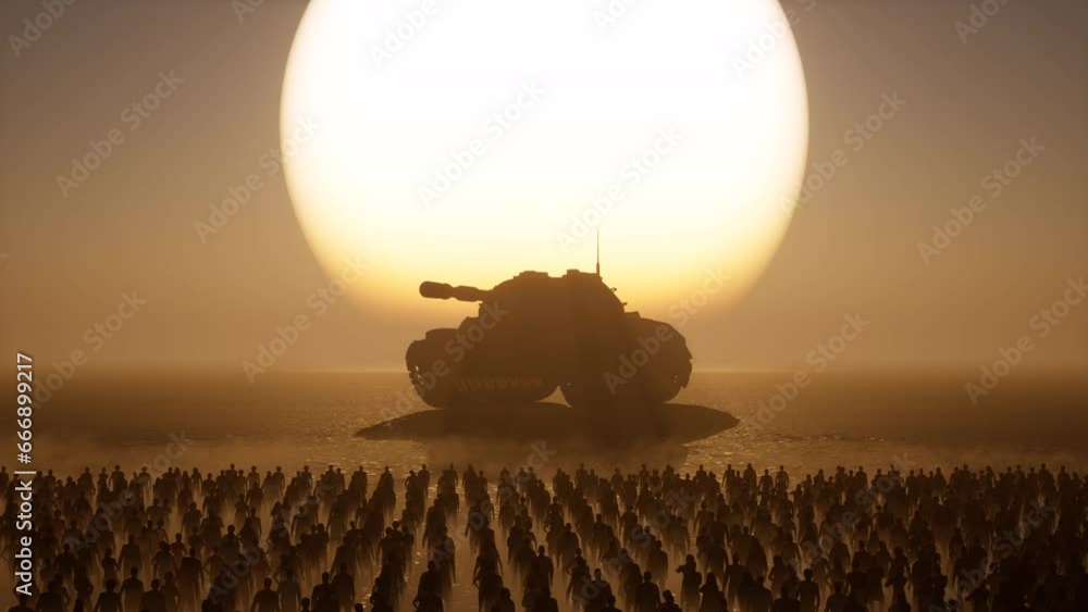 a huge tank on a desert, arid environment, with crowd standing idle on ...