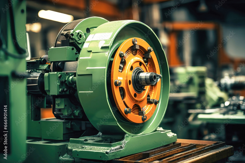 brightly colored industrial machine with contrasting wheels in a ...