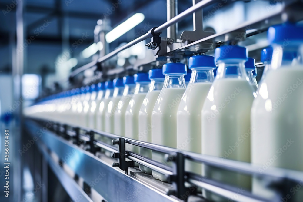 Conveyor for bottling milk into bottles at a modern dairy plant. Line ...