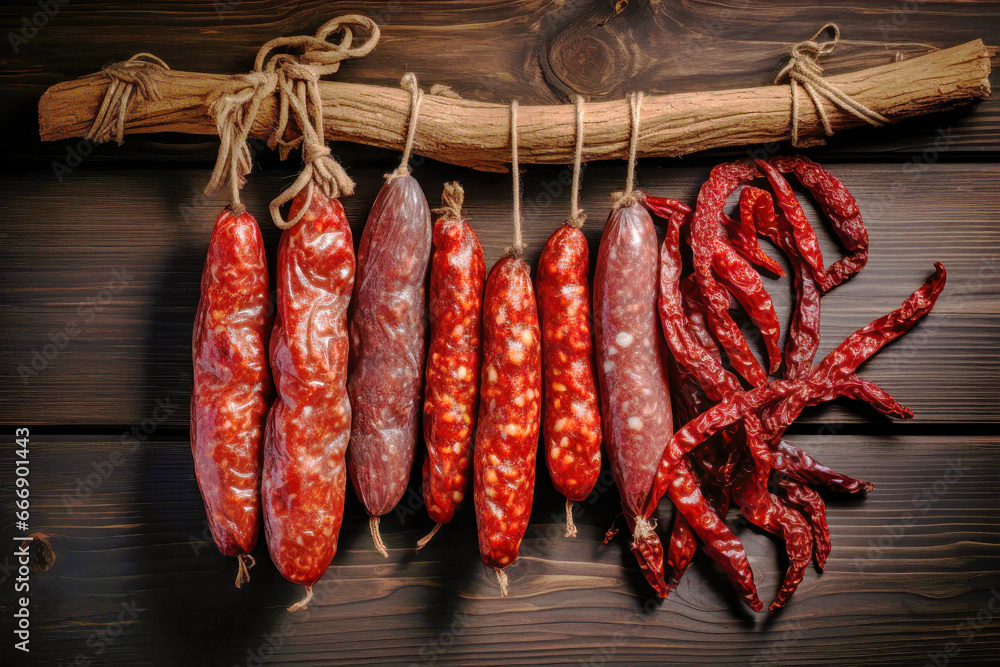 A bunch of different types of sausage hanging on a line. Dried and ...