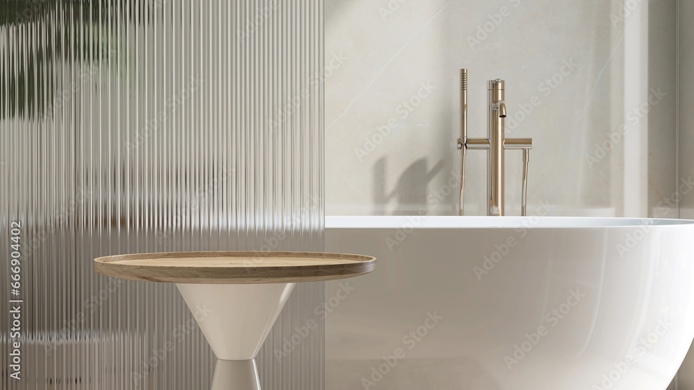 Wooden round side table podium by white bathtub, shower head, reeded ...