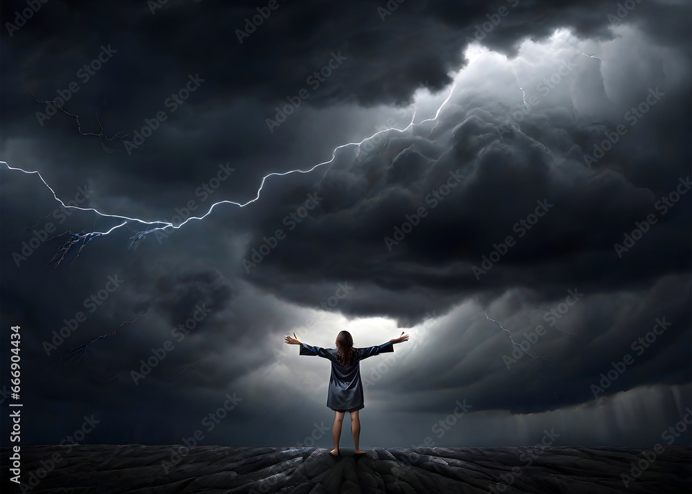 a person stands with their arms outstretched facing dark stormy sky ...