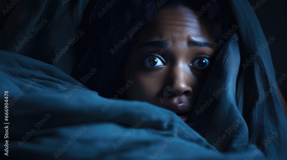 African american woman lying on bed night nightfall dark home bedroom ...