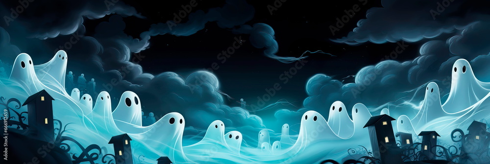 Ghostly Ghoul Background floating ghosts of different sizes and expressions against a spooky ...
